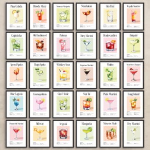 Cocktail Recipe Art Print Set: Retro Drink Posters, Home Bar Decor ...