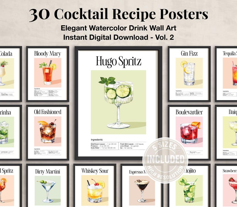 Cocktail Recipe Art Print Set: Retro Drink Posters, Home Bar Decor ...