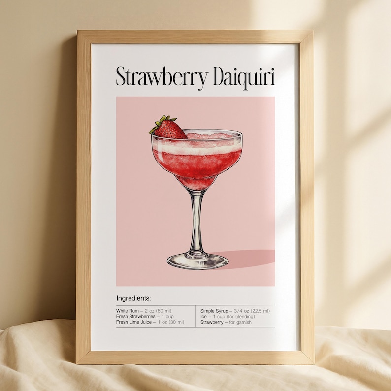Strawberry Daiquiri Cocktail Poster, Recipe Card, Cocktail Wall Art ...