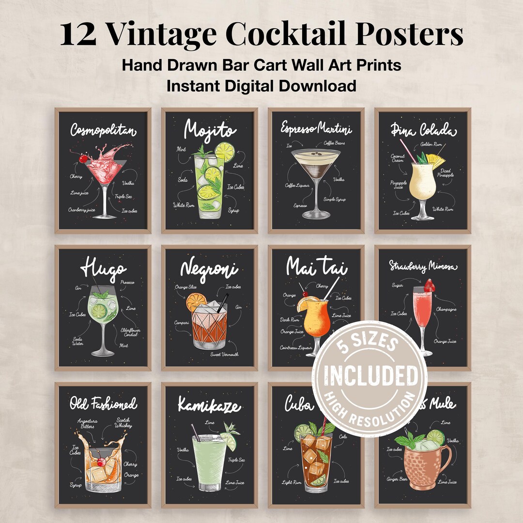 Vintage Cocktail Recipe Art Print Set: Chalkboard Style Bar Decor ...