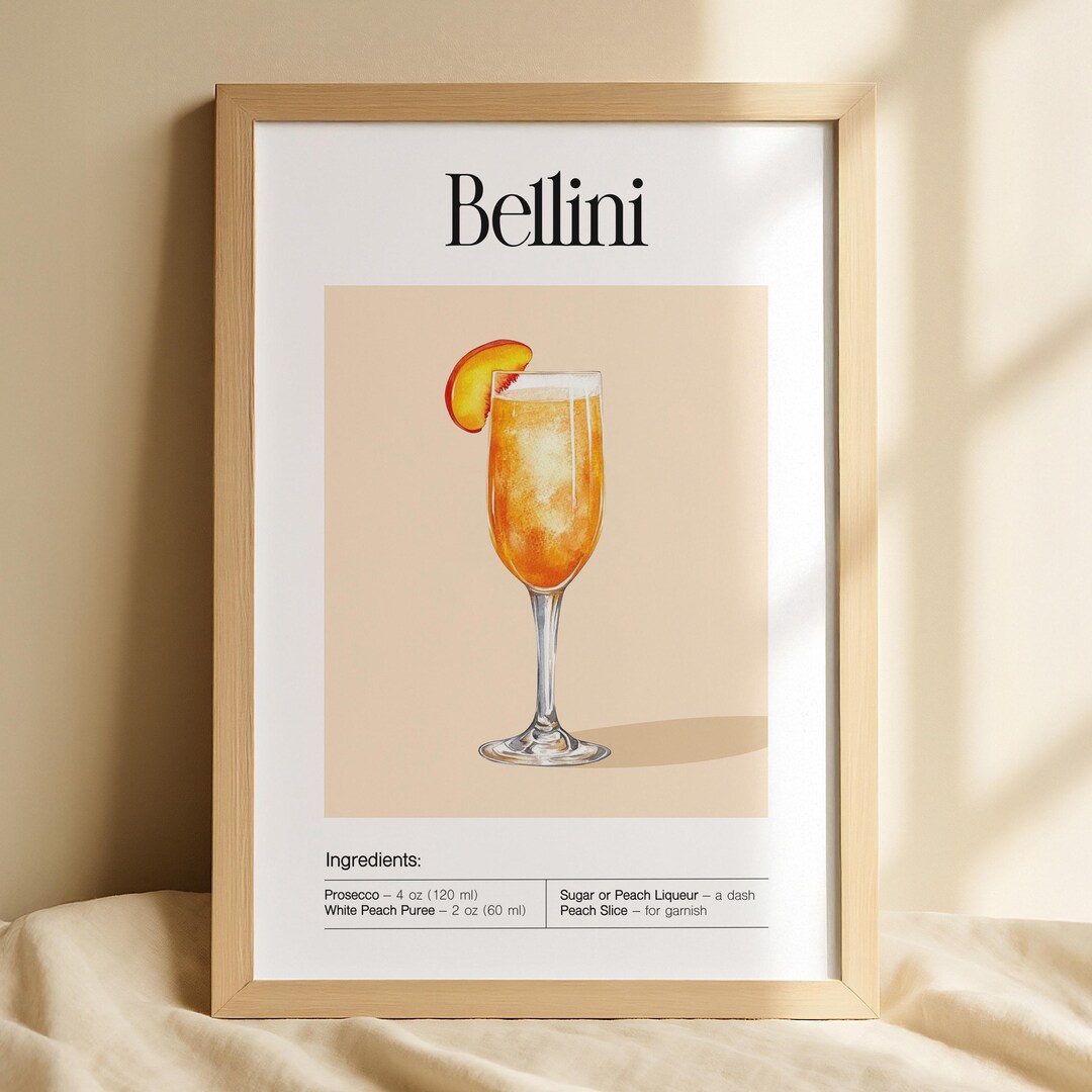 Bellini Cocktail Print: Watercolor Recipe, Home Bar Art (digital ...