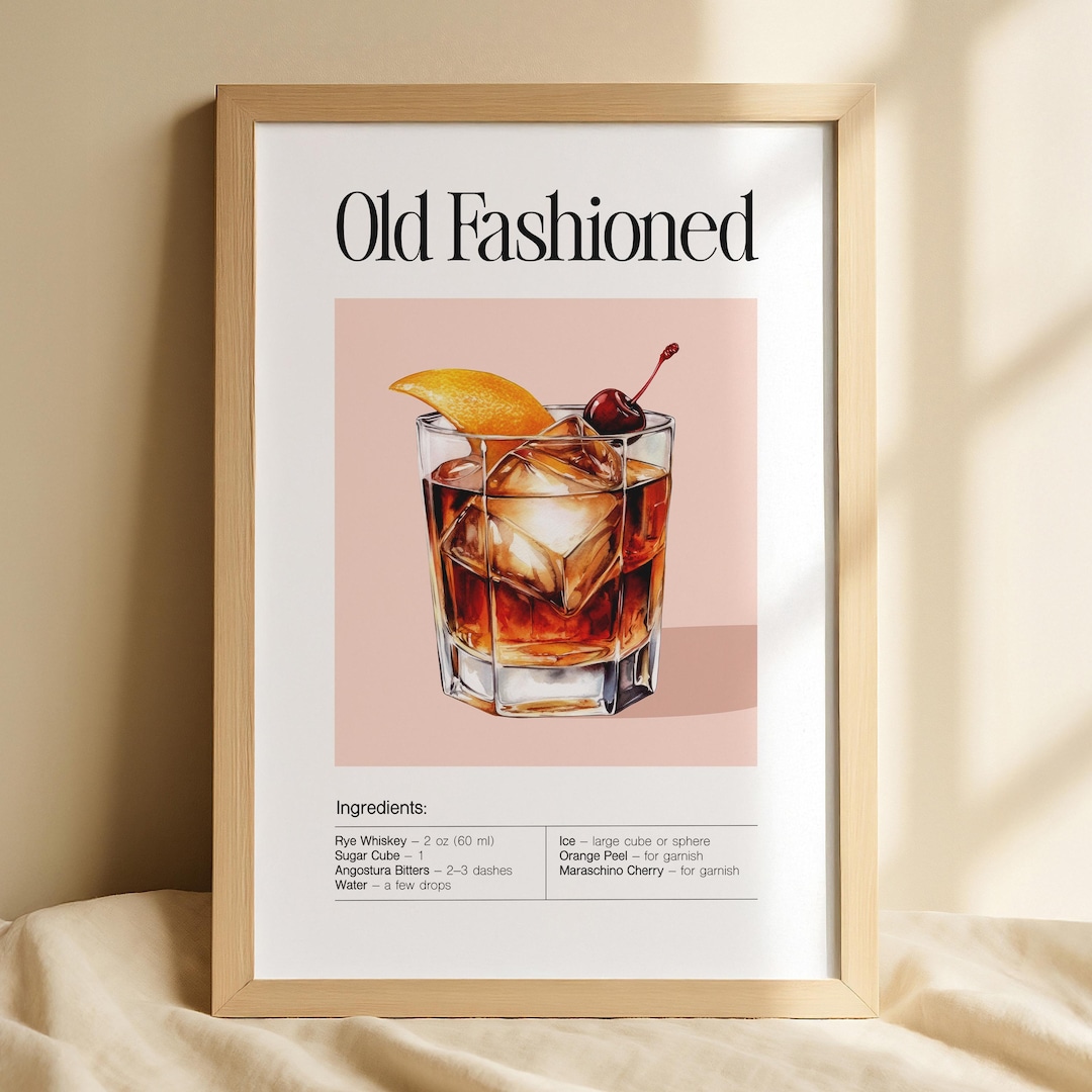 Old Fashioned Cocktail Recipe Print: Whiskey Drink Illustration ...