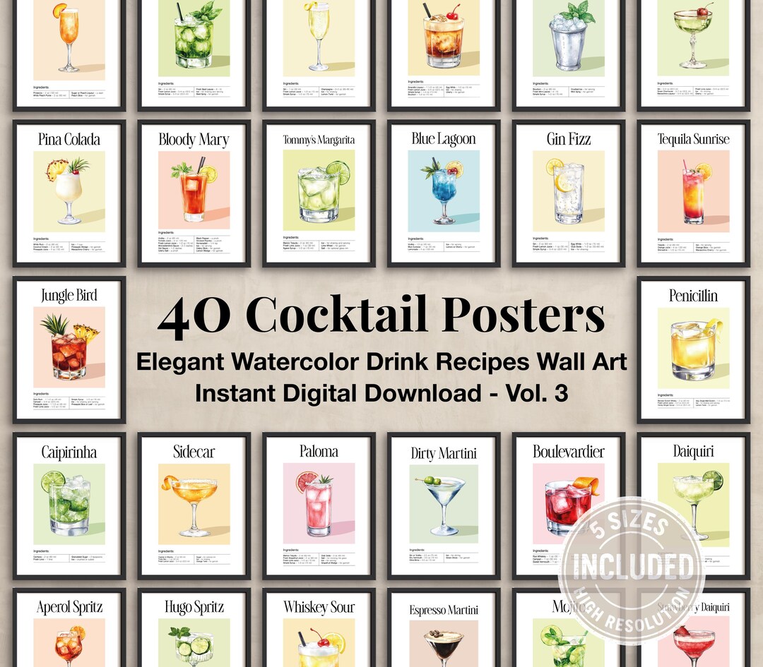 Cocktail Recipe Posters: Retro Watercolor Drink Prints (digital ...