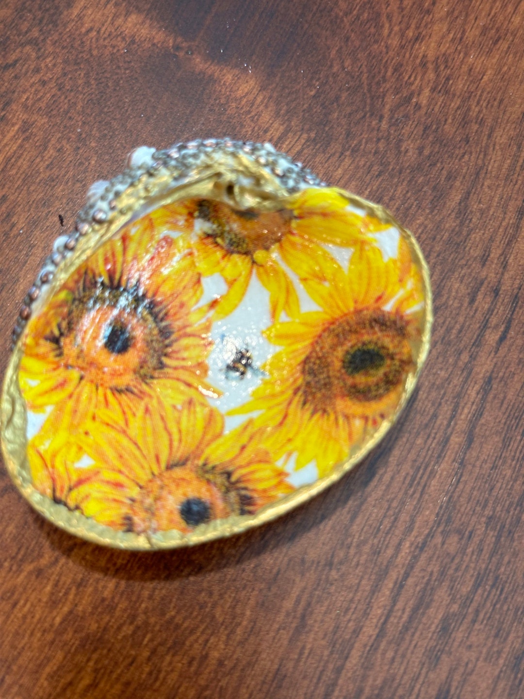 Sunflower Decoupage Clam Shell With Decorative Embellishments - Etsy