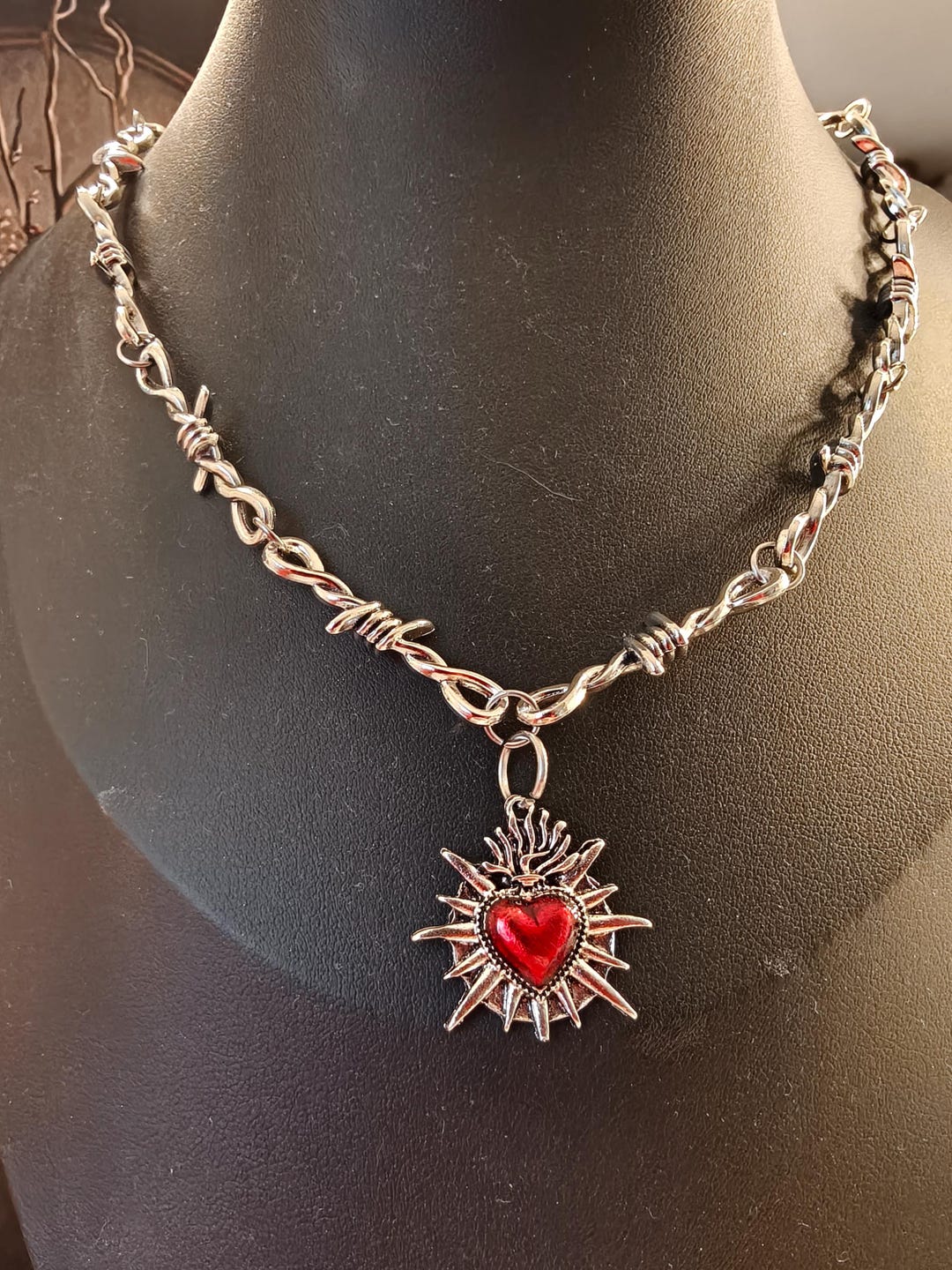 Red Flaming Sacred Heart Barbed Wire Chain Silvertone Gothic ...