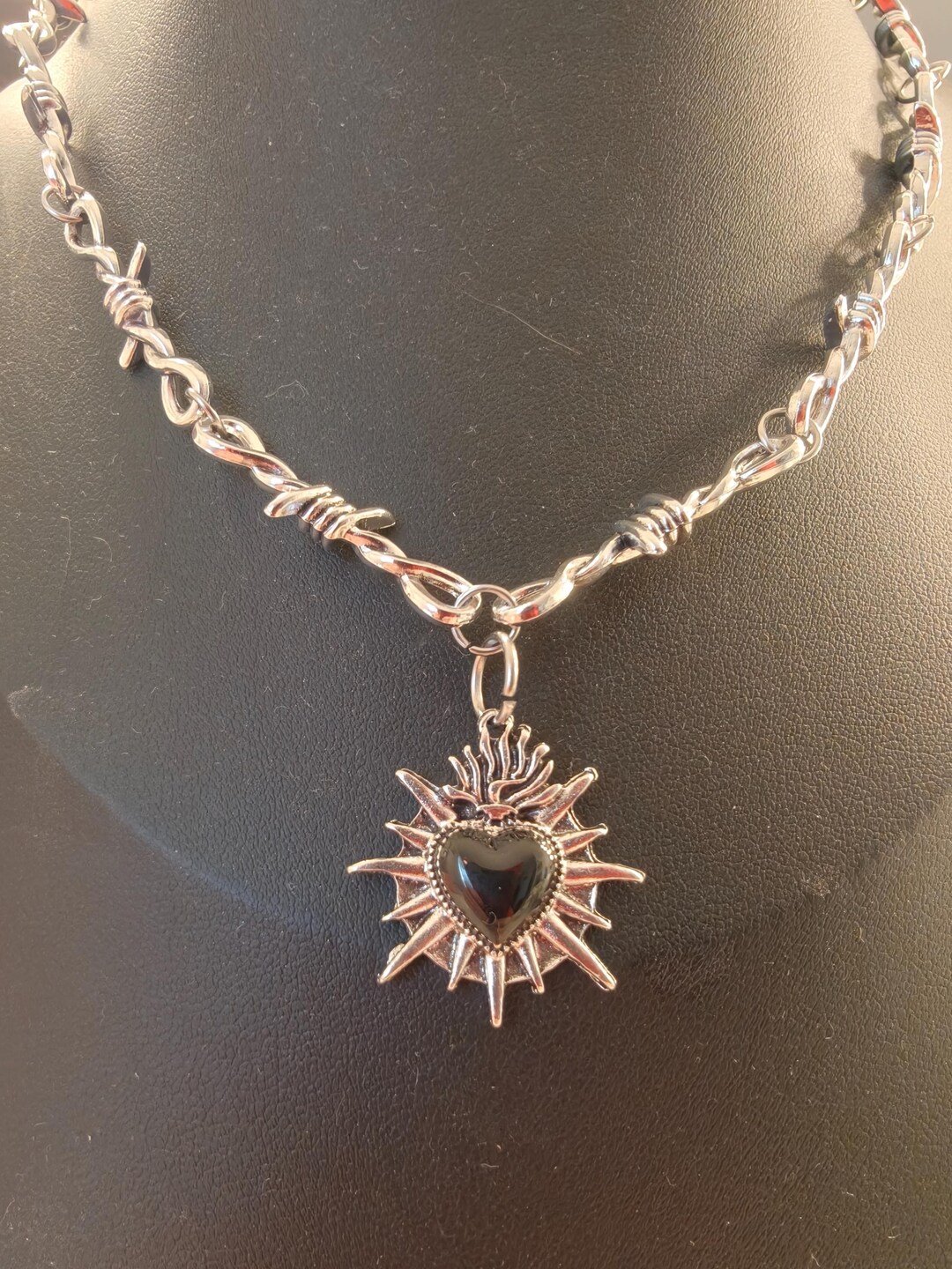 Black Flaming Sacred Heart Barbed Wire Chain Silvertone Gothic ...