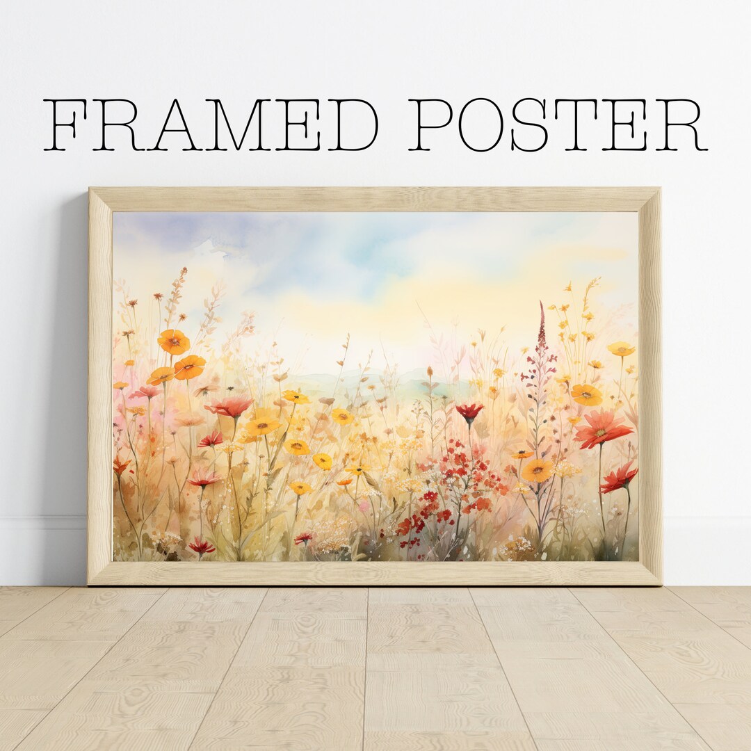 Framed Poster - Wildflower Meadow Painting Print, Landscape Art ...