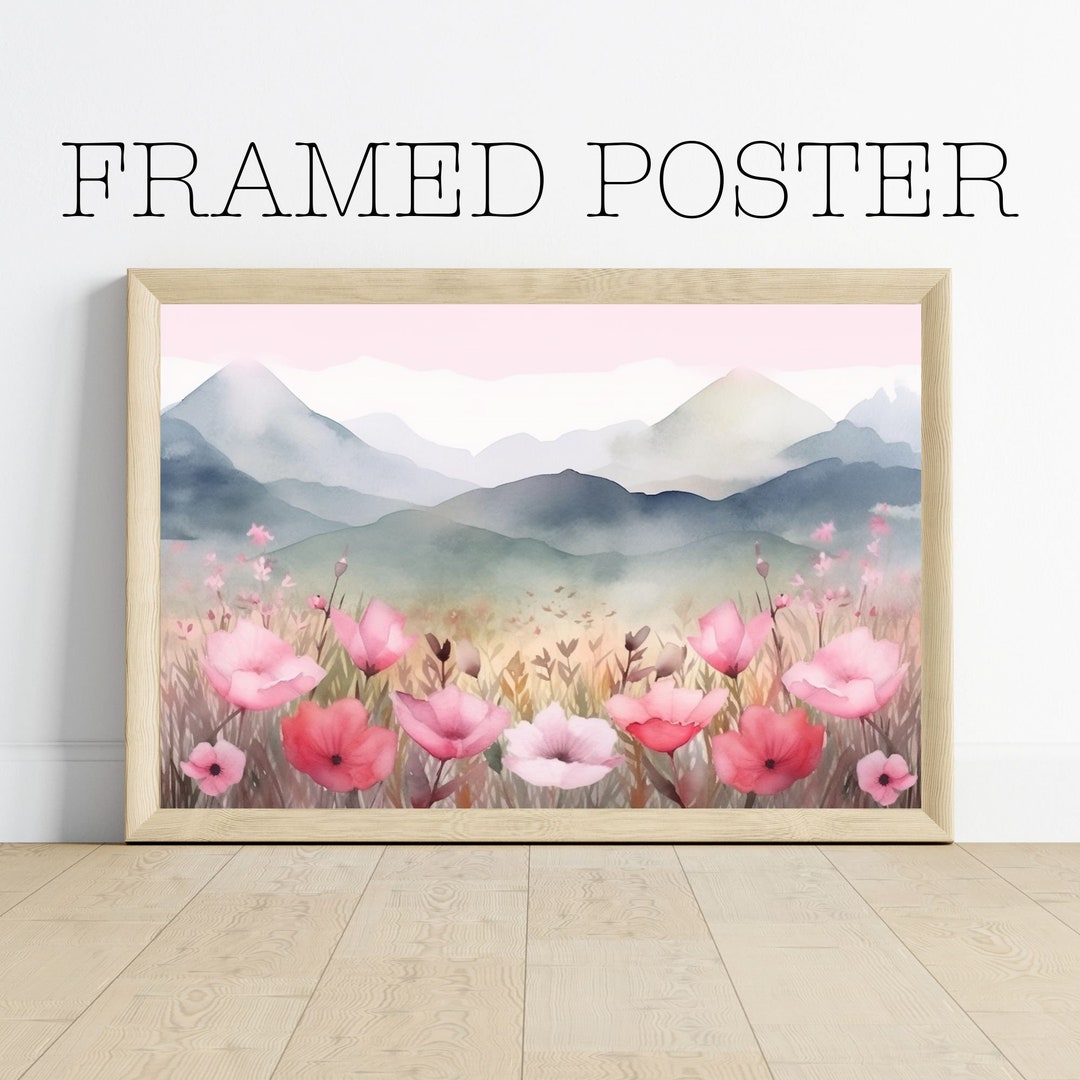 Framed Poster - Pink Floral Landscape Print, Vibrant Field of Flowers ...