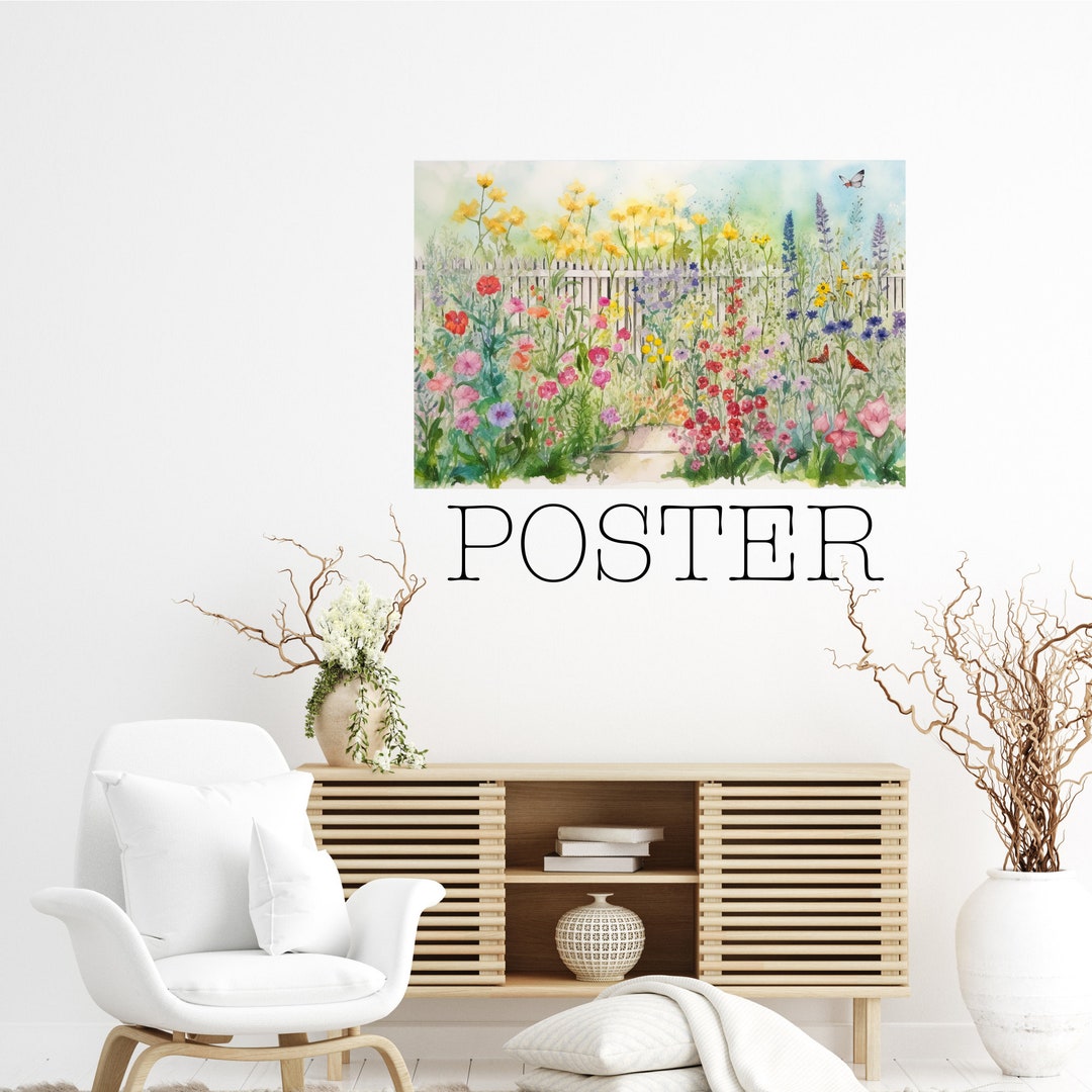 Poster - Vibrant Flower Garden Watercolor Painting, Colorful Landscape ...