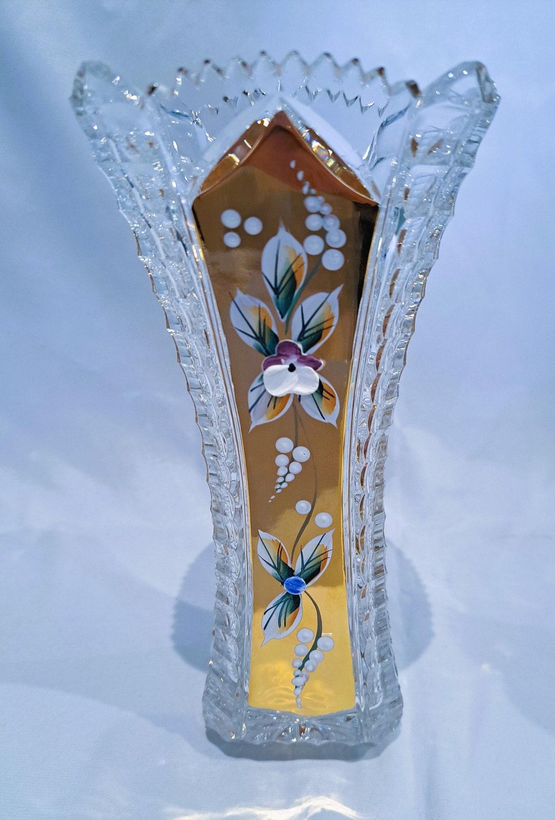 Bohemia Glass Cut Open Vase 21 Cm Decorated Gold and Enamel - Etsy