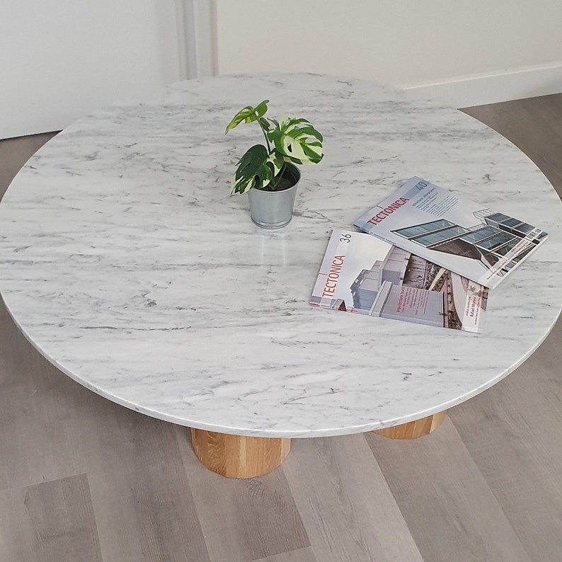 Oak Wood and White Carrara Marble Coffee Table/ Oak and Marble/ Round ...