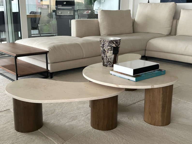 Set 2 Coffee Tables/ Oak and Stone/ Round Table/ Organic Table/ Modern ...