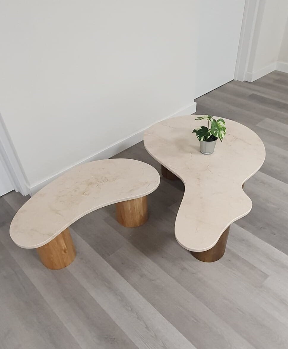 Set 2 Coffee Tables/ Oak and Stone/ Round Table/ Organic Table/ Modern ...