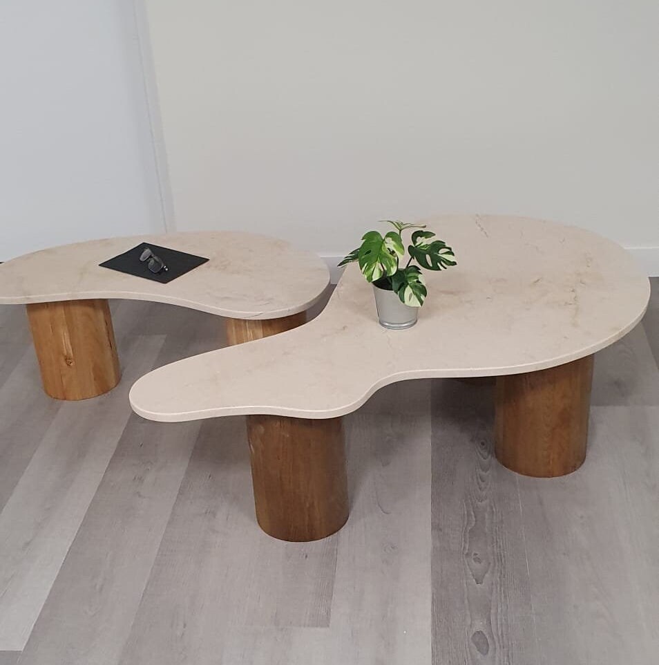 Set 2 Coffee Tables/ Oak and Stone/ Round Table/ Organic Table/ Modern ...