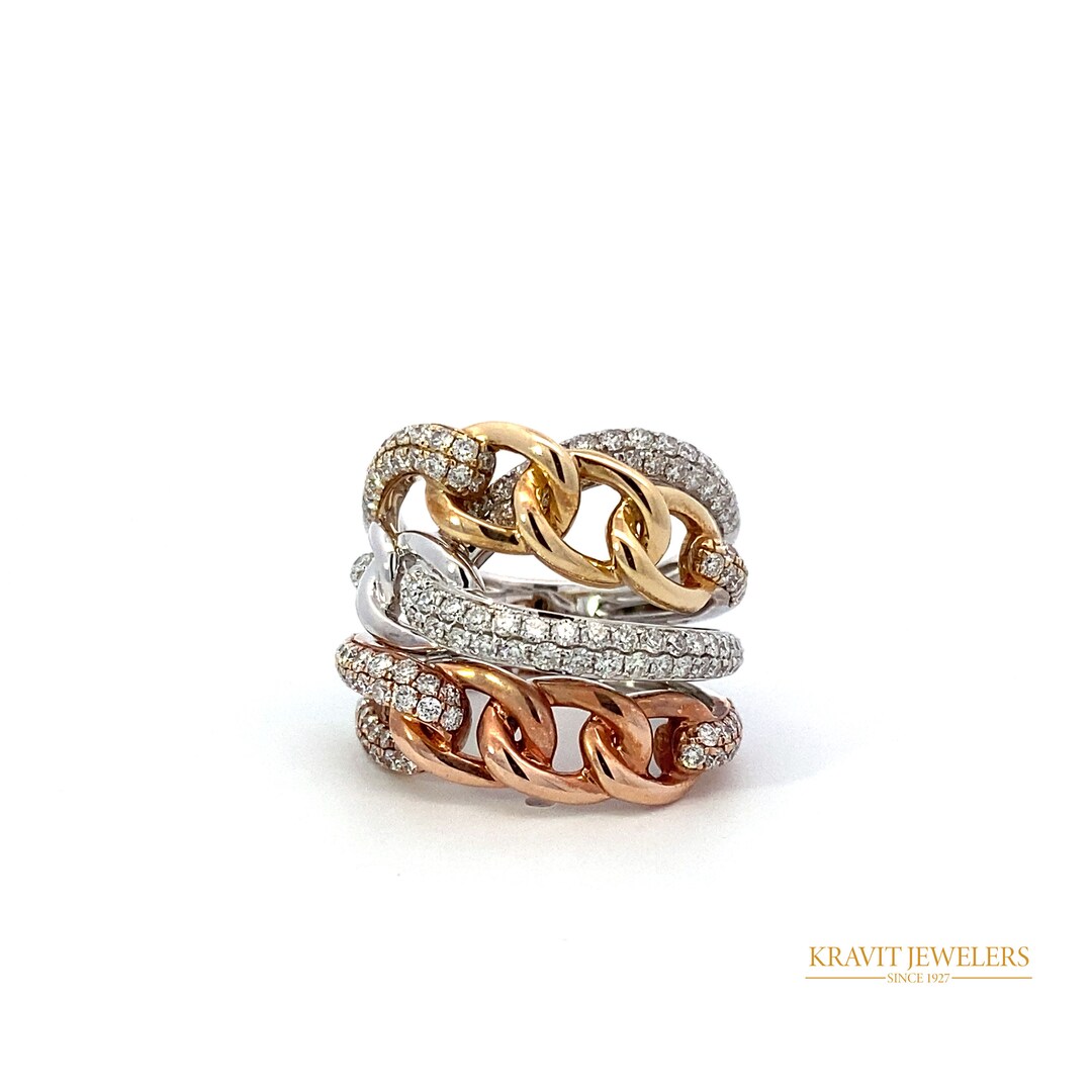 14K Tri Color Diamond Chain Link Ring - Etsy