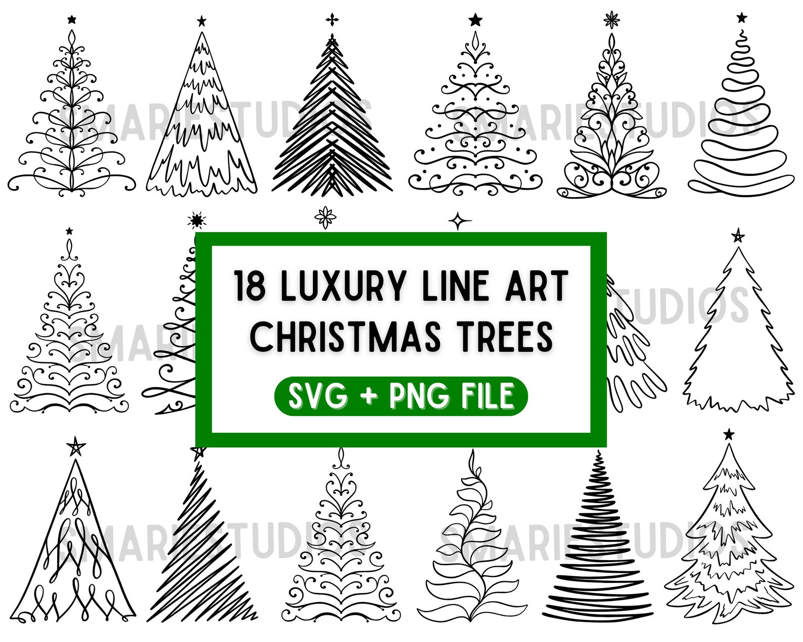 ELEGANT CHRISTMAS TREE Line Art Svg Bundle Luxury Festive Trees Holiday ...
