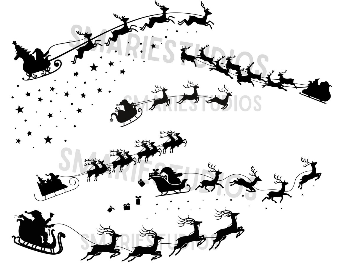 SANTAS SLEIGH and Reindeers Flying Sleigh With 9 Reindeer Outline ...