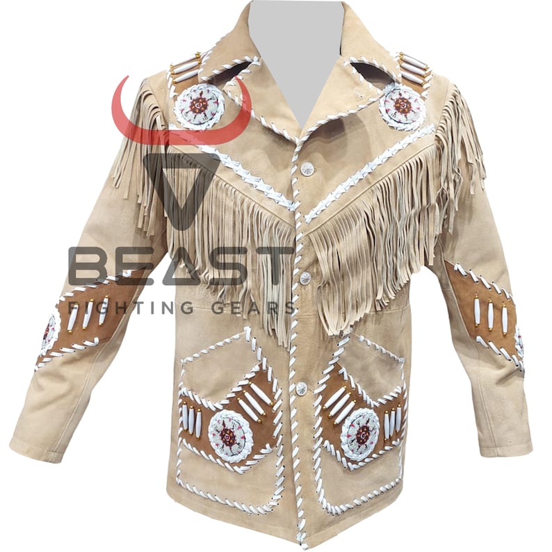 Men's Native Western Cowboy Suede Leather Jacket With Fringe & Beaded ...