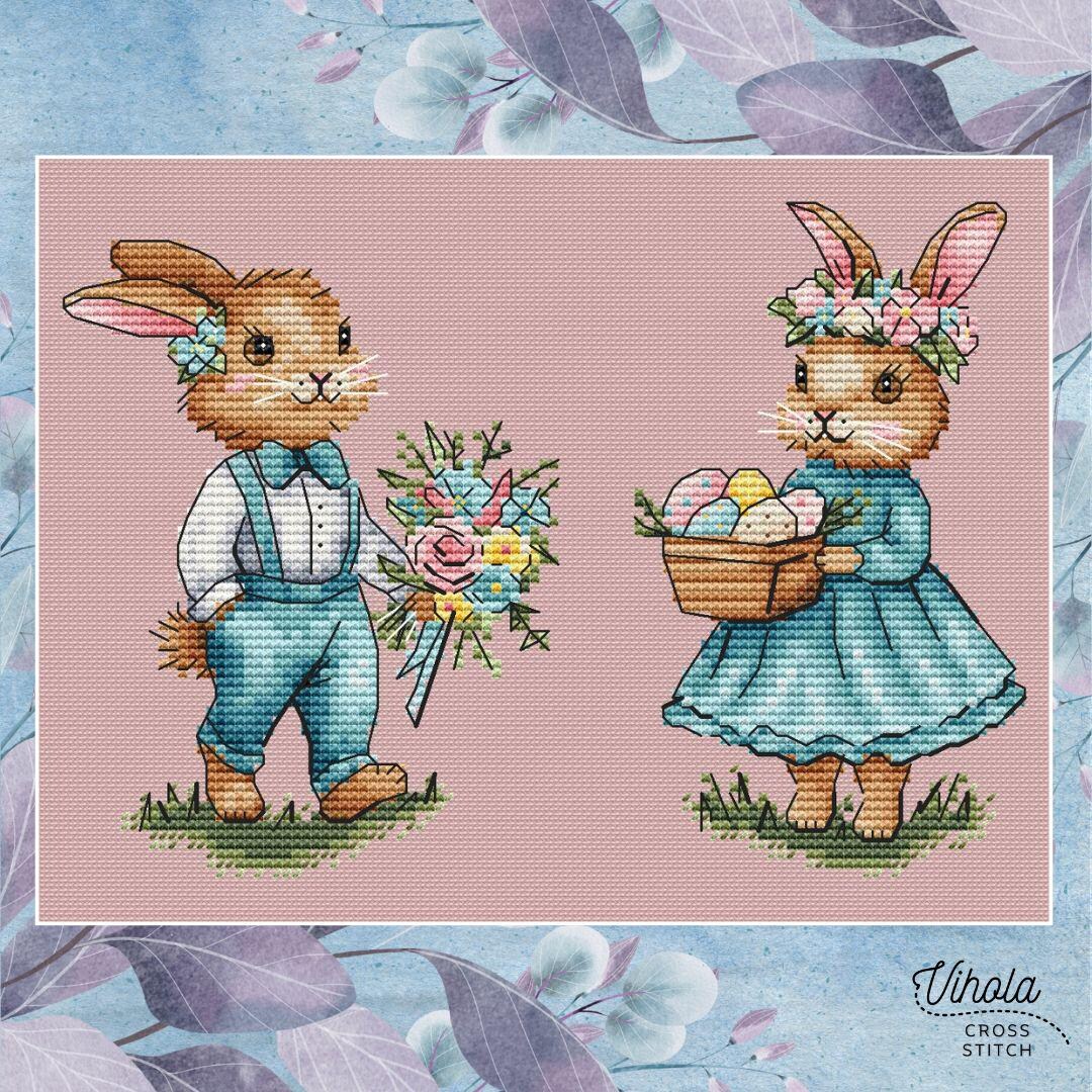 Easter Bunnies Counted Cross Stitch Patterns Bundle, Cute Hares Digital ...