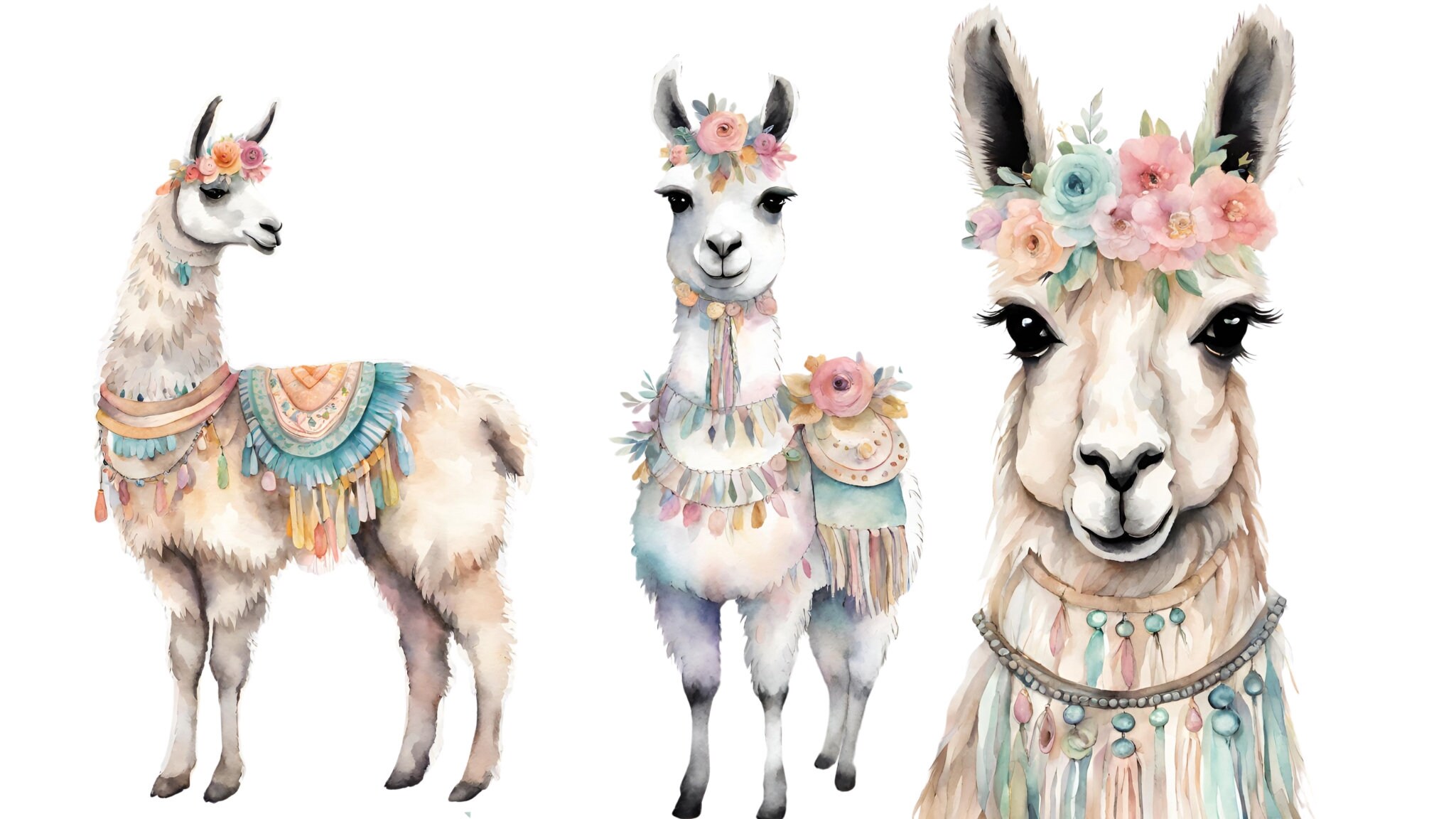 Boho Llama Watercolor Clipart Set, 16 PNG Images, Neutral Soft Color ...