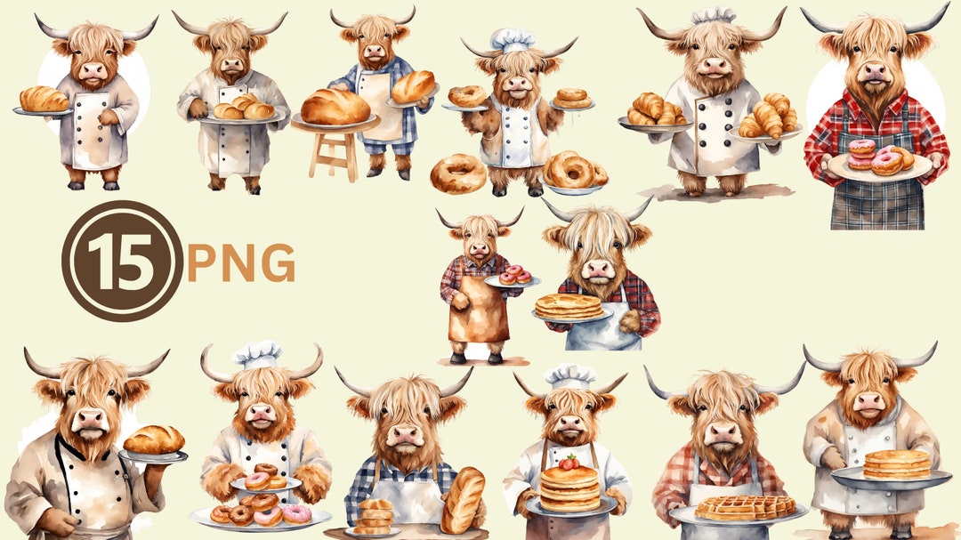 Highland Cow Baking PNG, Highland Cow in Apron With Pancakes, Bread ...