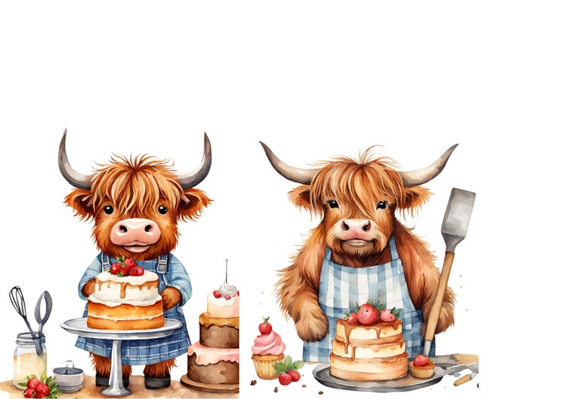 Highland Cow in a Chef Apron Baking, PNG Clipart, 20 PNG, Cute Highland ...