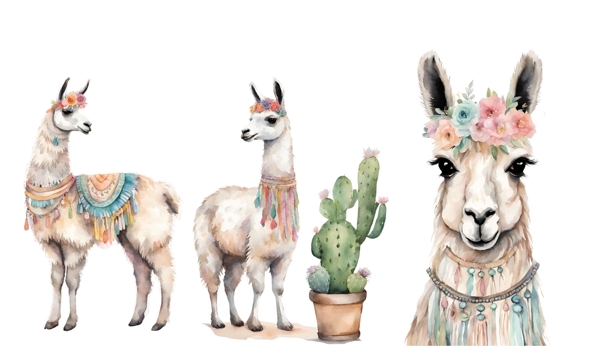 Boho Llama Watercolor Clipart Set, 16 PNG Images, Neutral Soft Color ...