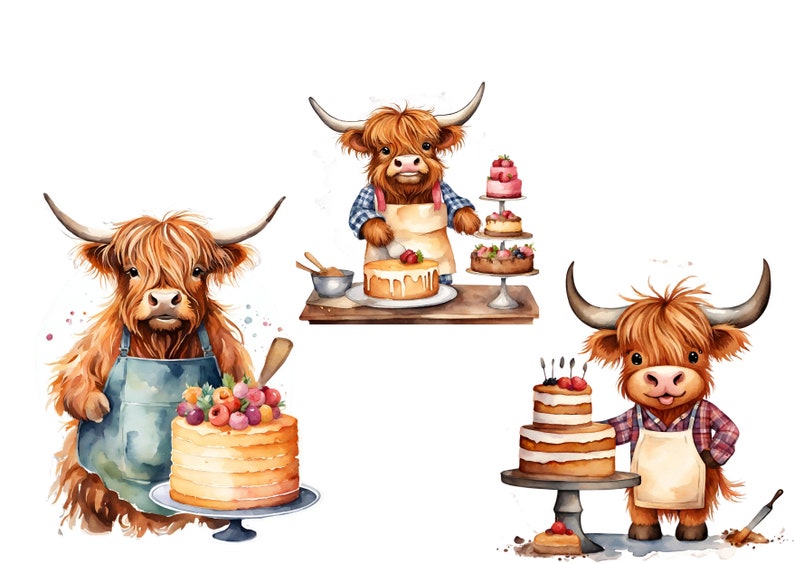 Highland Cow in a Chef Apron Baking, PNG Clipart, 20 PNG, Cute Highland ...