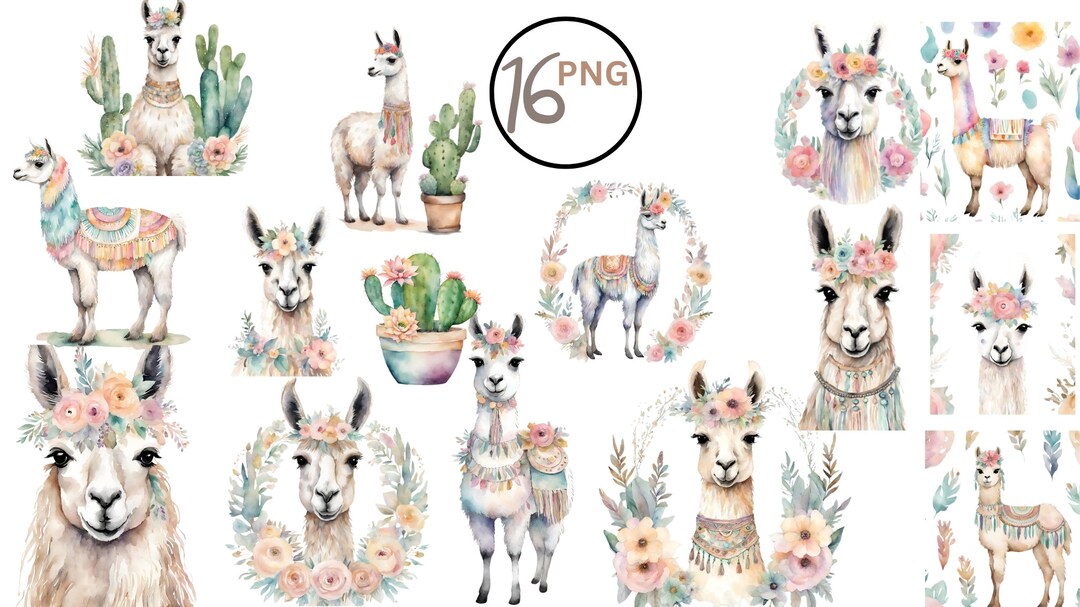 Boho Llama Watercolor Clipart Set, 16 PNG Images, Neutral Soft Color ...