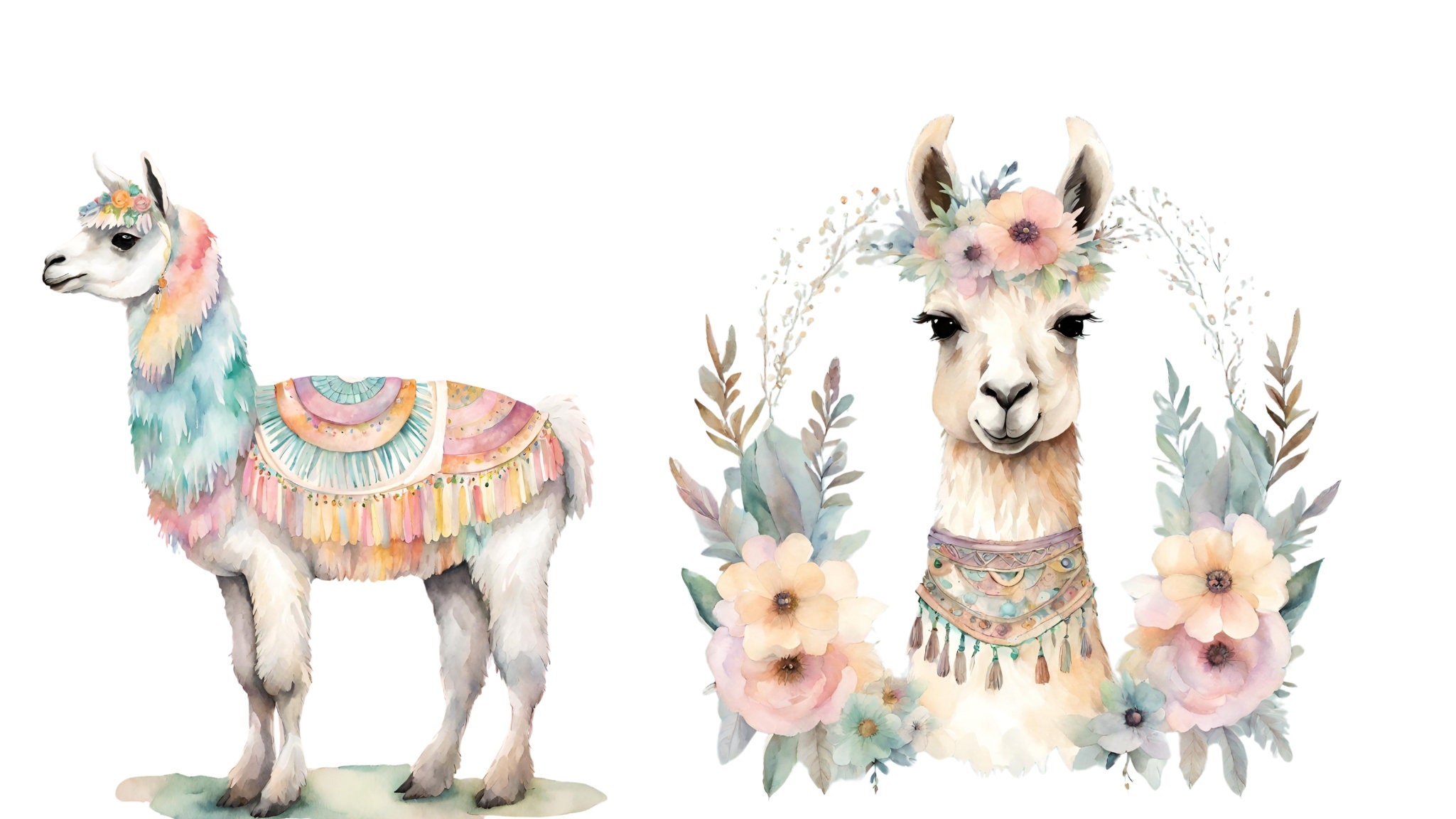 Boho Llama Watercolor Clipart Set, 16 PNG Images, Neutral Soft Color ...