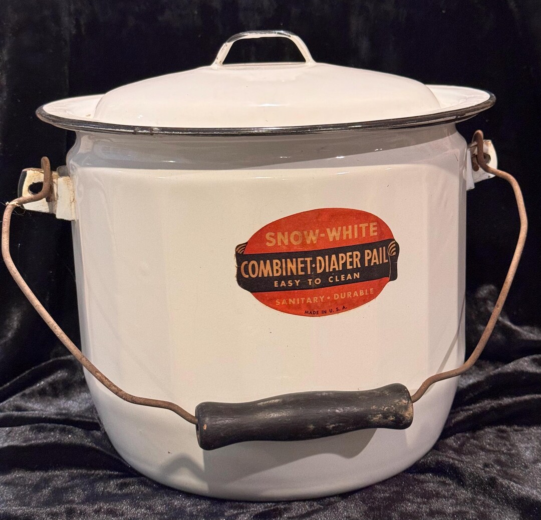 Vintage Enamel Diaper Pail With Handle White Metal Diaper Pail With ...