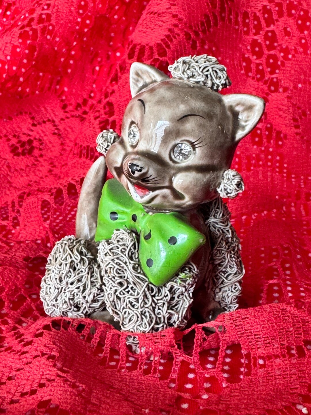 Vintage Gray Spaghetti Ceramic Cat Figurine, Rhinestone Eyes - Etsy