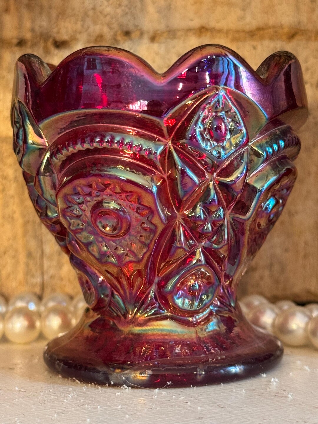 Red Carnival Glass Toothpick Holder Vintage Red Glass Toothpick Holder ...