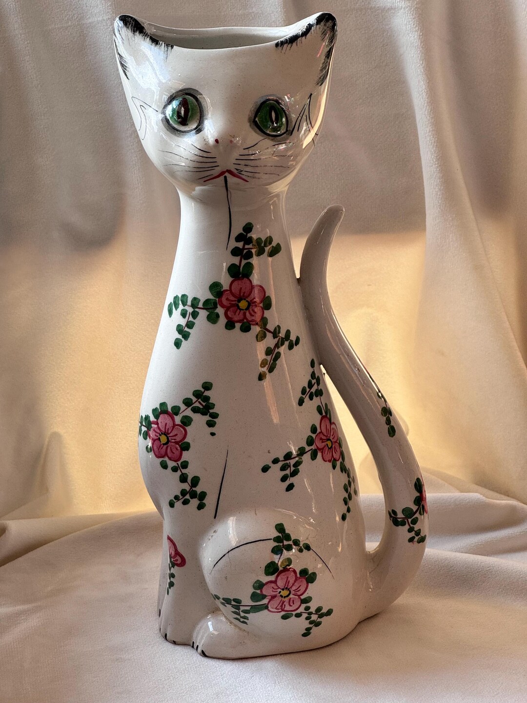 VINTAGE CAT Hand Painted From Italy Artistic Floral Cat Vase for Flower ...