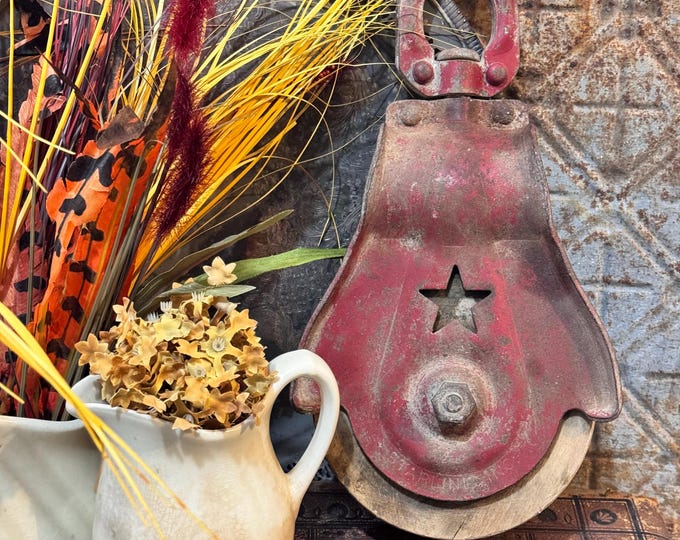 Vintage Cast Iron Pulley Rustic Wooden Wheel Primitive Wall Decor ...