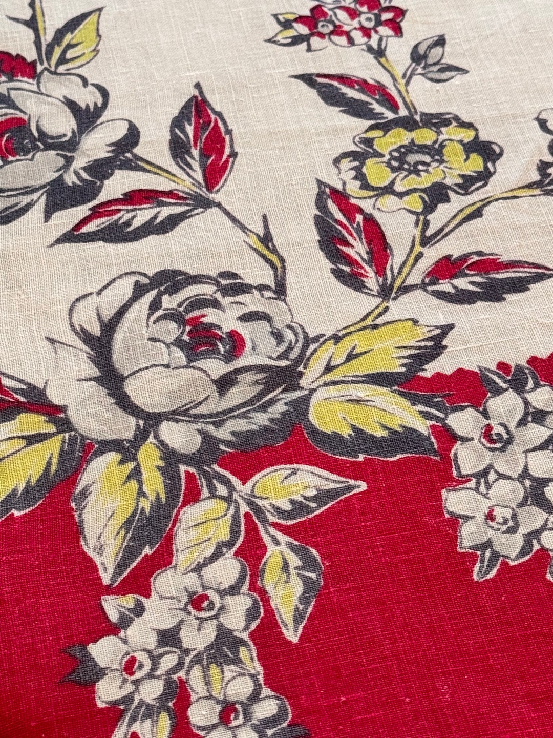 Vintage Tablecloth Red Kitchen Decor Floral Tablecloth MCM Tablecloth ...