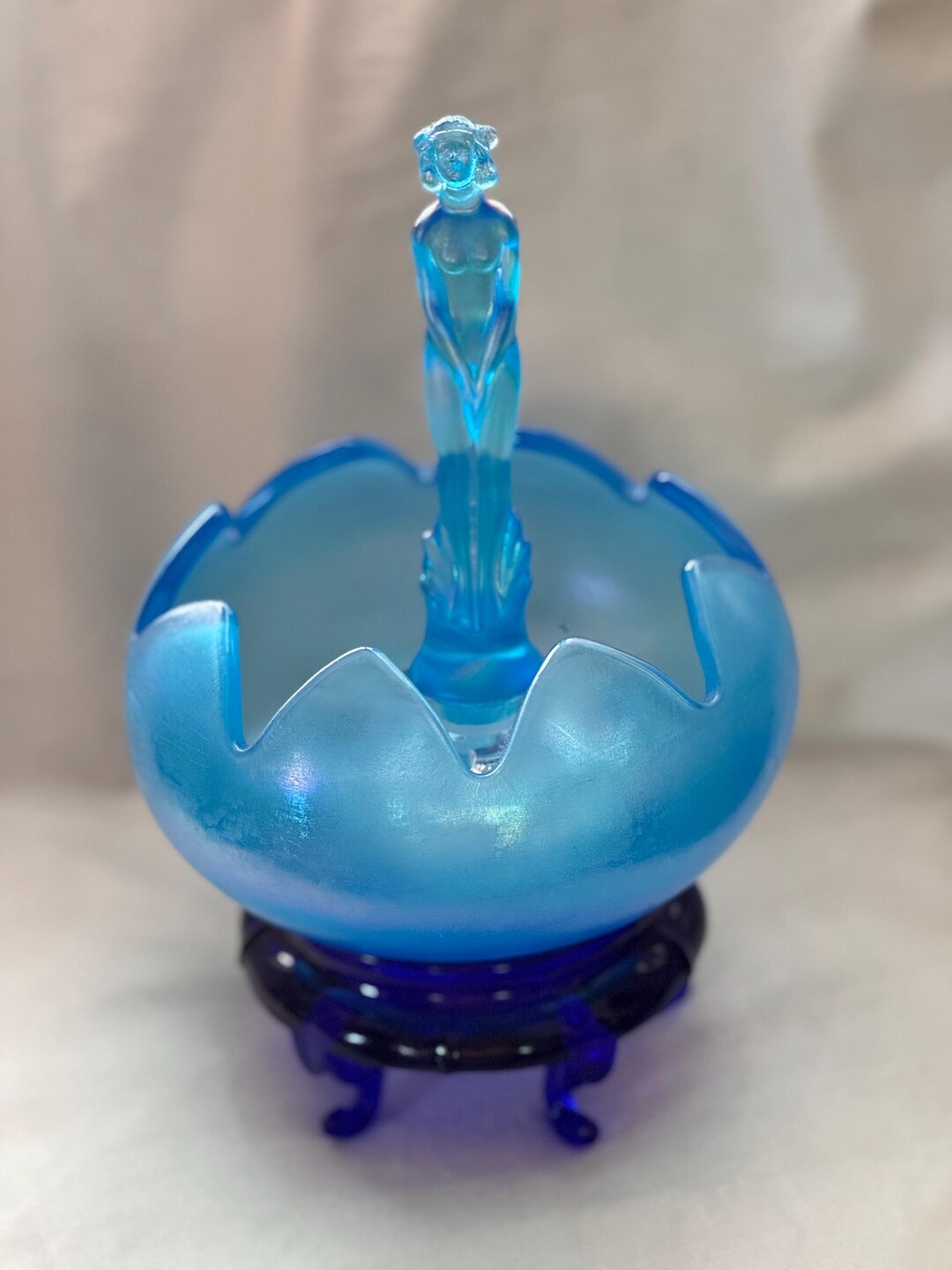 Fenton Vintage Blue Glass Flower Frog Dancing Lady Centerpiece Satin ...