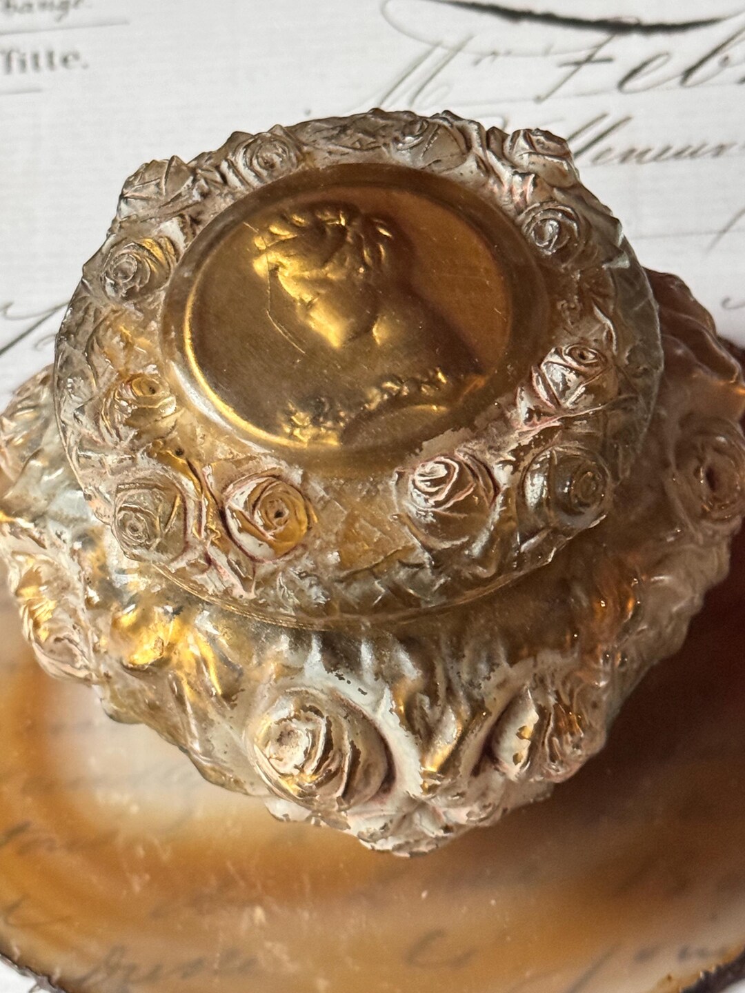 Antique Powder Dish With Lid for Vanity or Dresser Gold Floral Glass ...