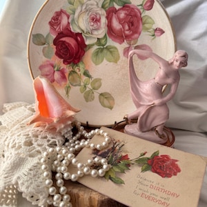 Vintage Vignette in a Box, Cottage Core, Antique Rose Plate, Doily ...