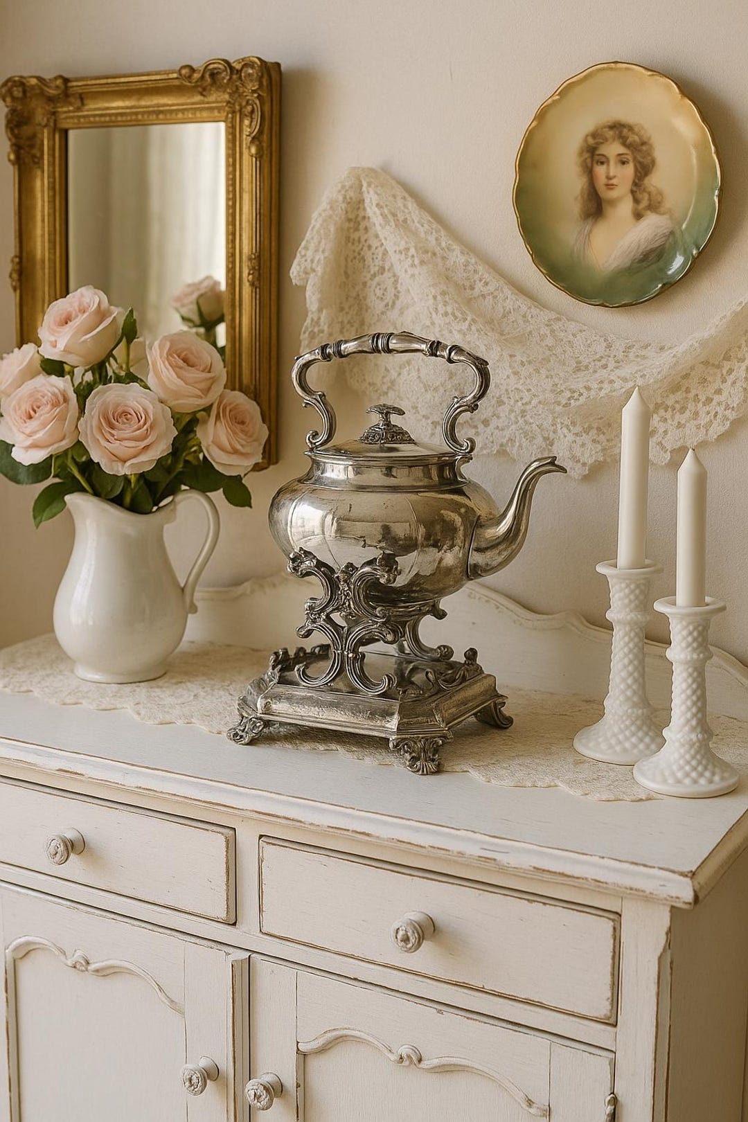 Antique Silver Tone Tilting Teapot With Stand & Burner - Ornate 19th ...
