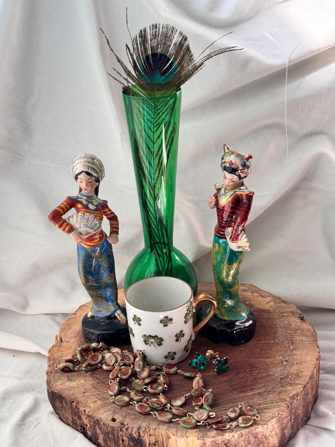 Vintage Vignette Decor: Emerald Green Vase, Figurines, Shamrock Cup ...