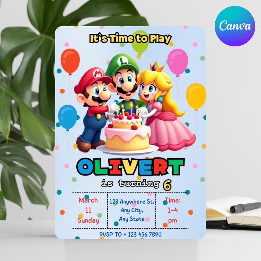 Super Mario Editable Birthday Template, Game Theme Kids Invite, Canva ...