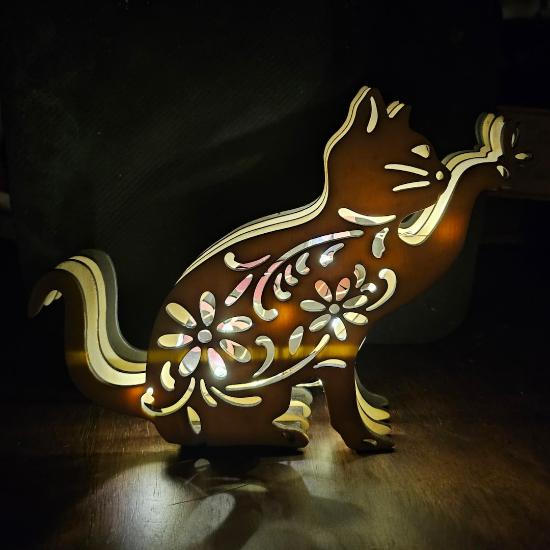 Illuminated Cat-shaped Mood Light/night Light Made From Plywood Gift ...
