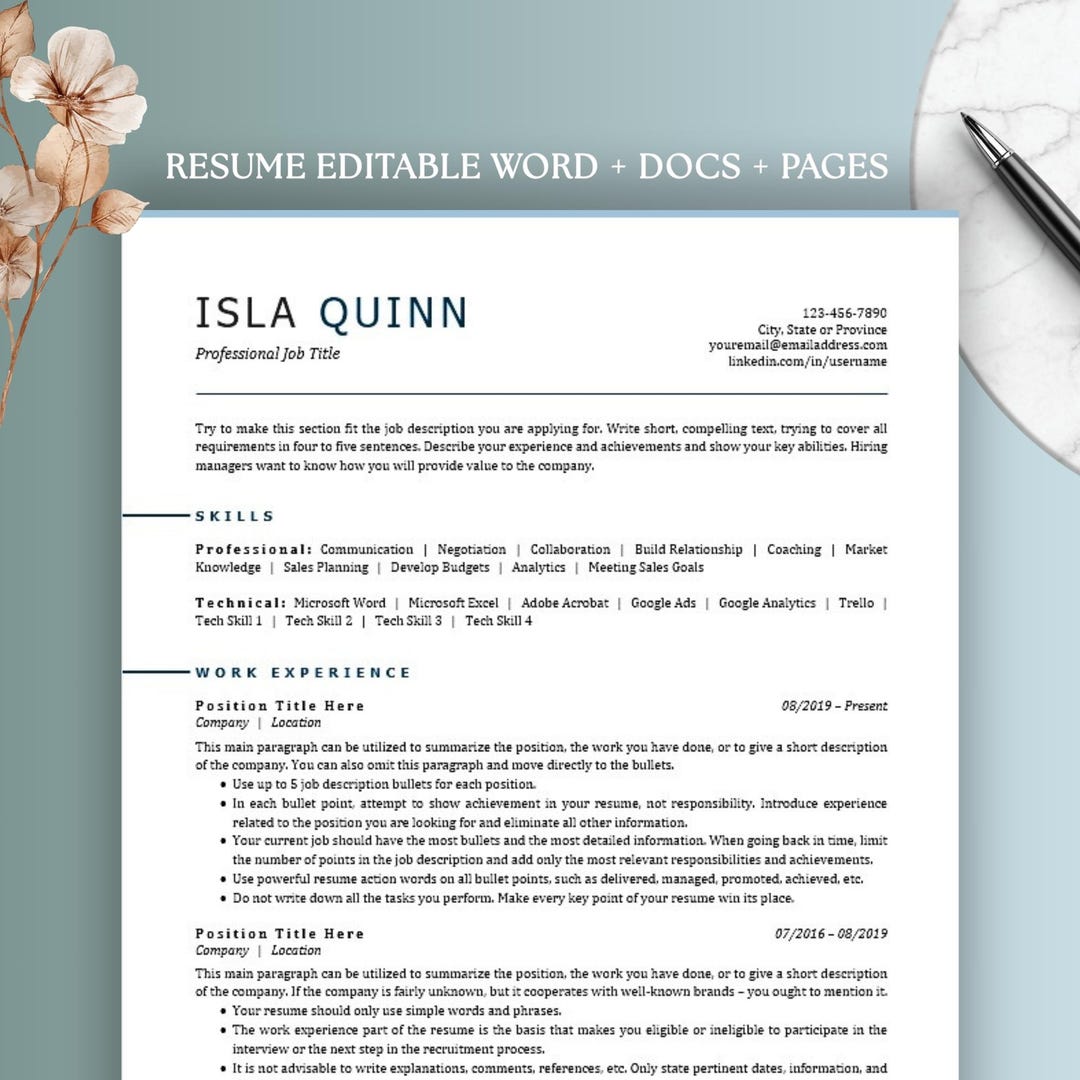 ATS Ready Resume Template Word + Cover Letter | CV Template & Format ...