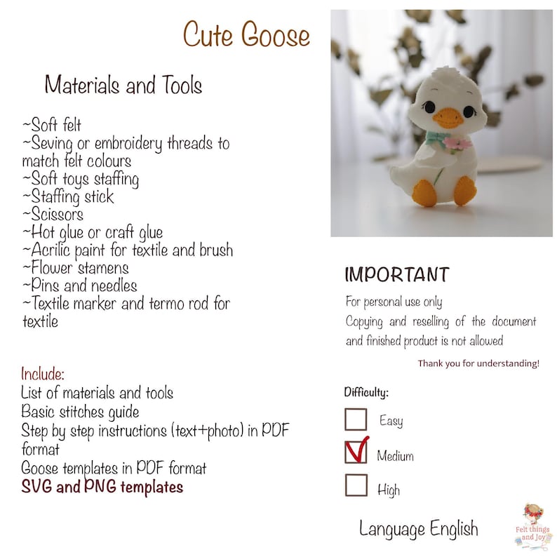 Goose Felt PDF Pattern, Farm Animal Sewing Tutorial, Cute Goose ...
