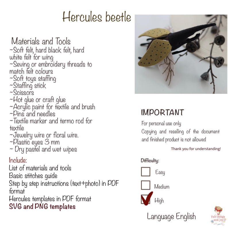 Felt Hercules Beetle PDF Pattern, Sewing Tutorial, Realistic Bug Design ...