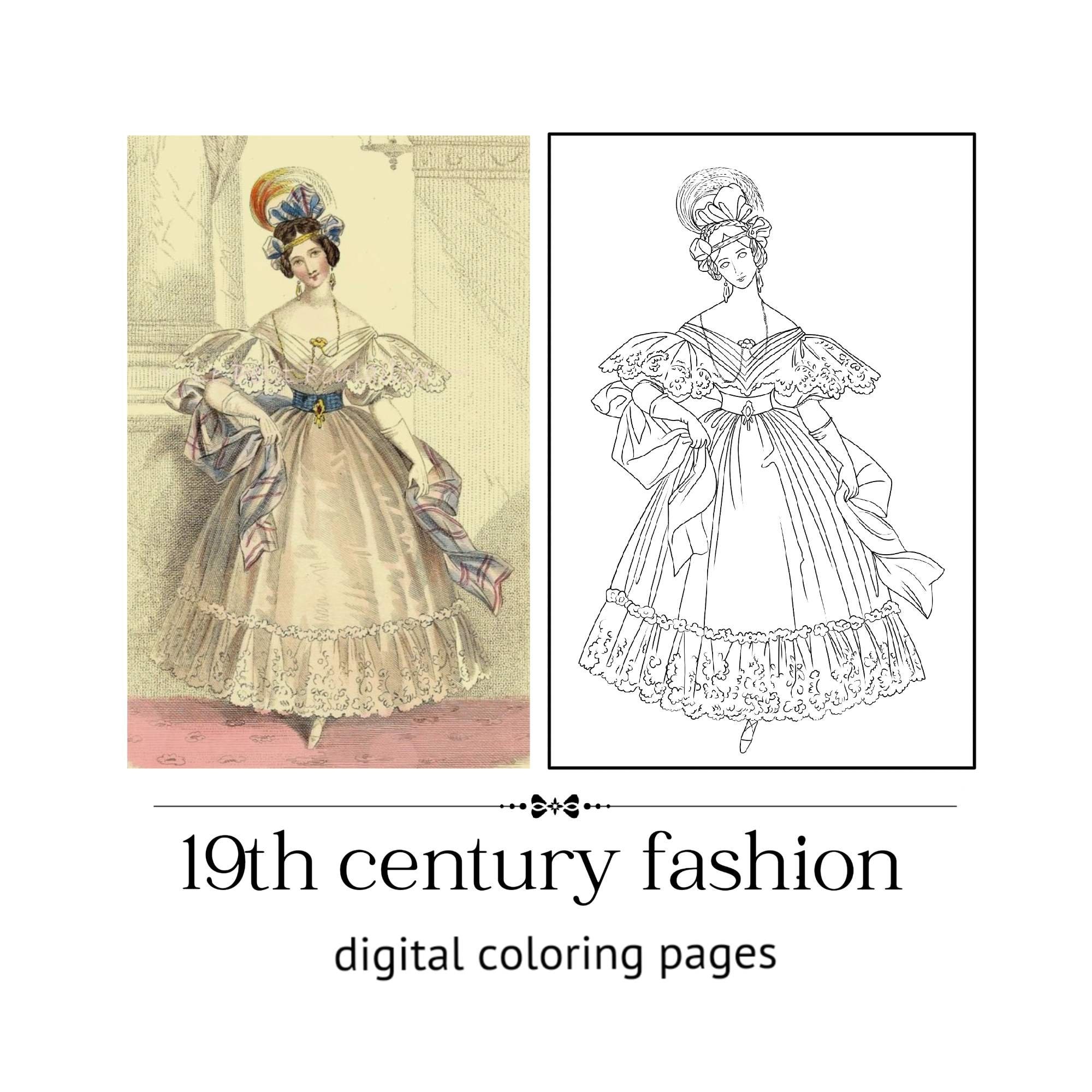 19 Century Fashion Magazine Coloring Page Set. Ball Gowns Hand Drawn ...