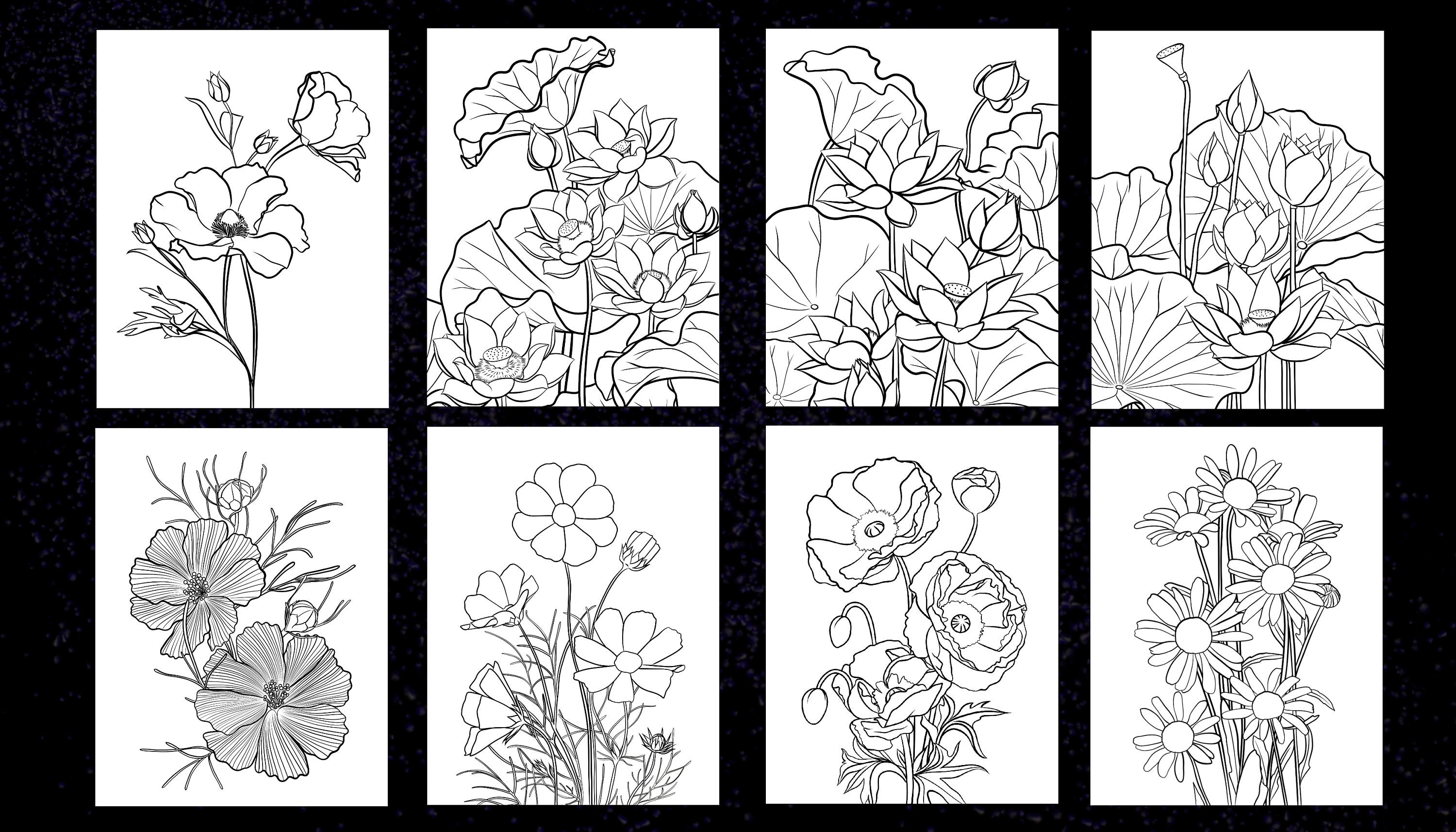 Flowers, Set of Printable Coloring Pages, 16 Flower Coloring Pages ...