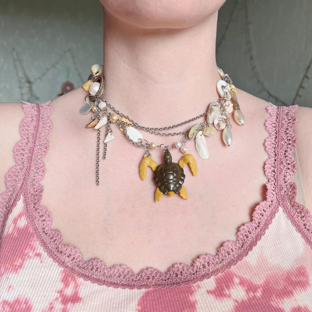 Upcycled Turtle Sea Shell Necklace, Y2K Vintage Pearls Boho Statement ...
