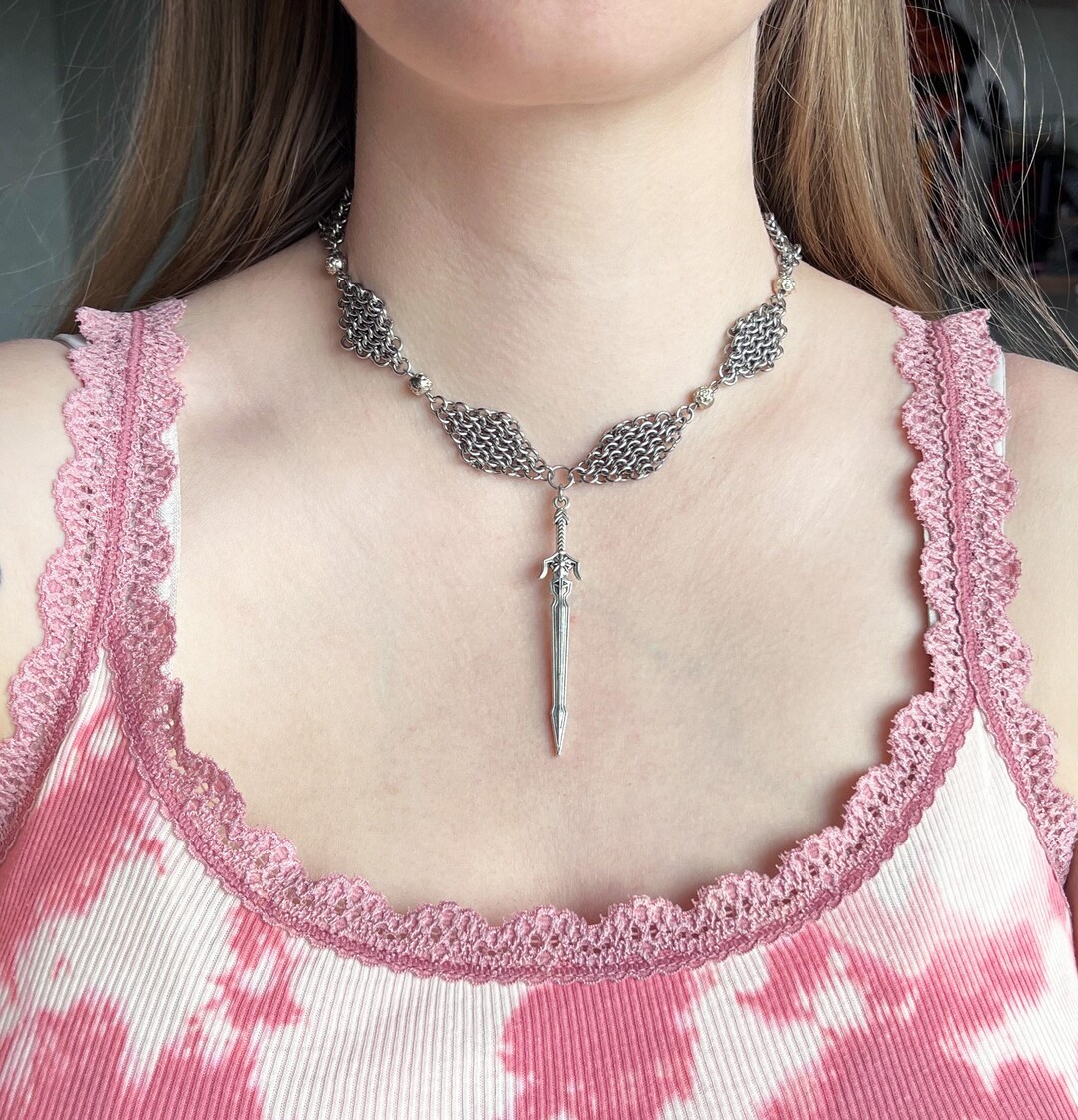 Chainmail Sword Necklace, Silver Knight Jewelry, Medieval Fairycore ...